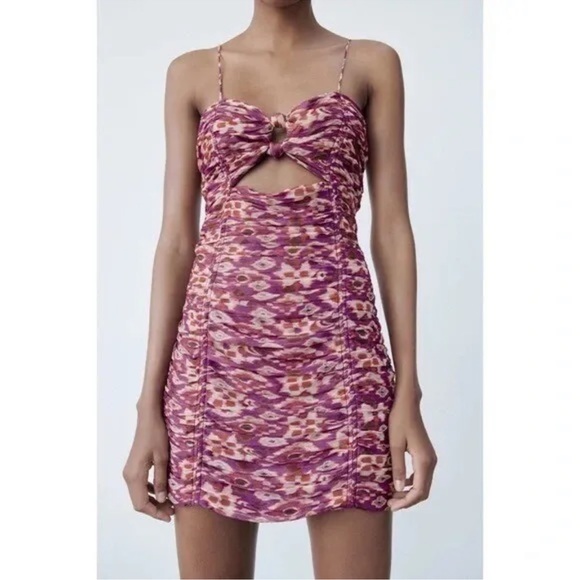 Zara | Dresses | Zara Women Xs Purple Metallic Y2k Knot Cutout Front Ruched Mini Dress Nwt ...